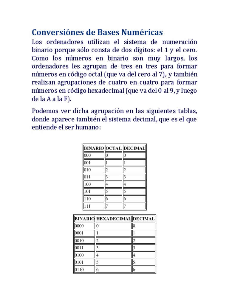 Conversiones de Bases Numéricas | PDF | Notación | Procesamiento de la ...