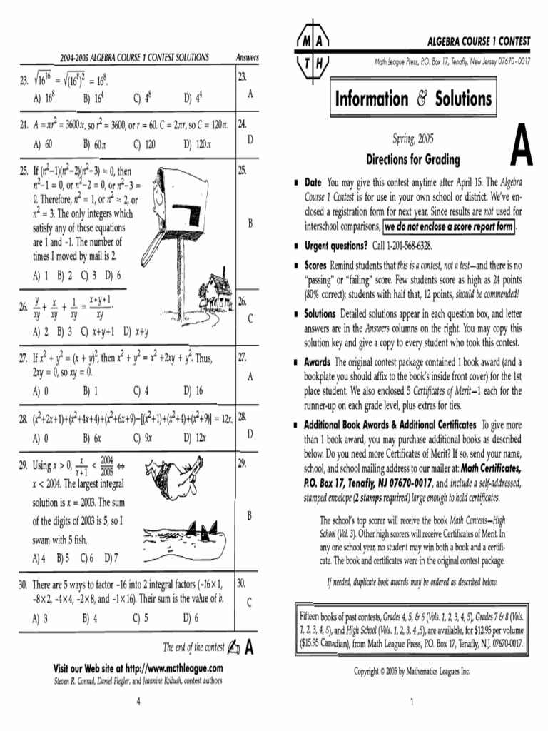Algebra 1 2004-05 Solutions | PDF