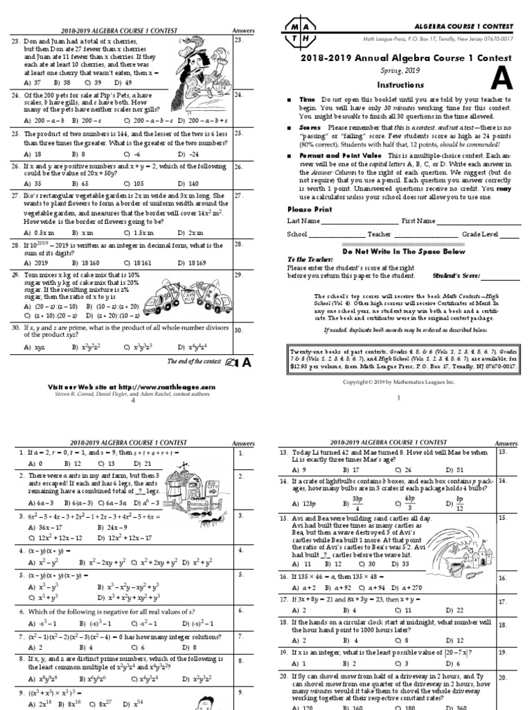 2018-2019 Annual Algebra Course 1 Contest: Instructions | PDF | Mathematics