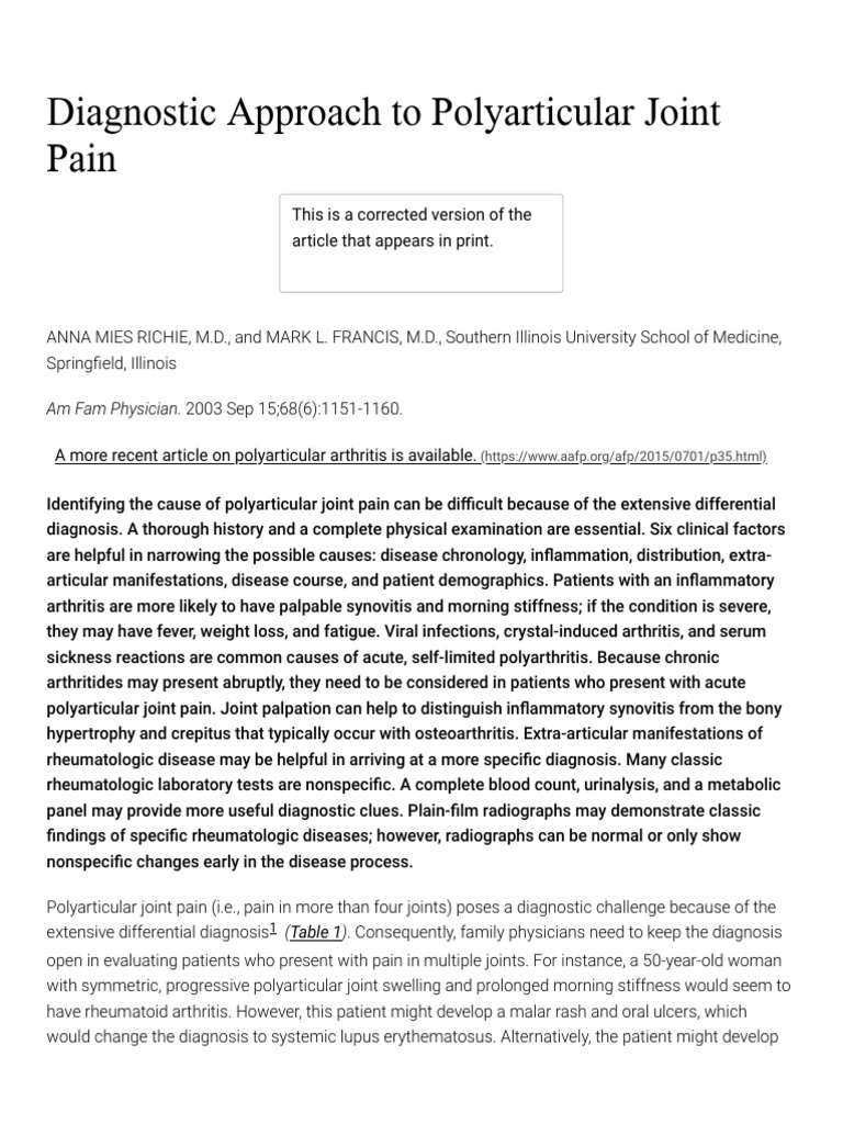 Diagnostic Approach To Polyarticular Joint Pain - American Family ...