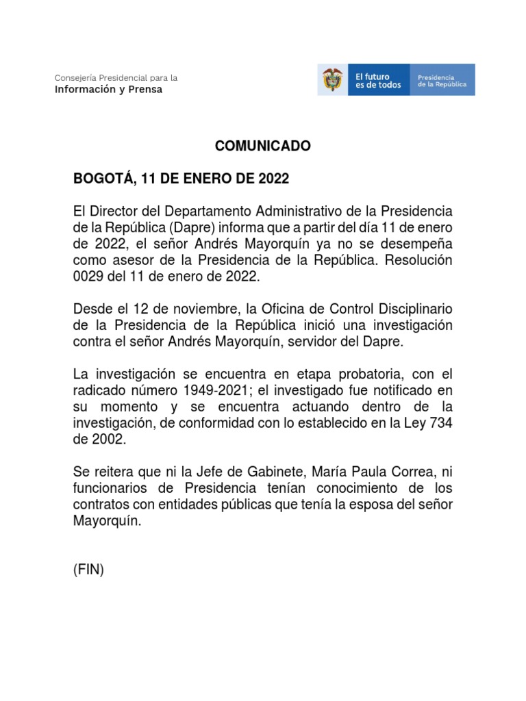 Comunicado Presidencia de La República 11 de Enero 2022 | PDF