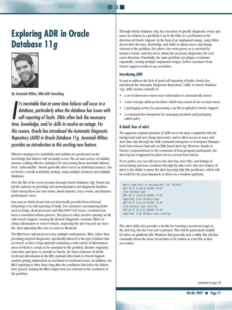 Exploring ADR in Oracle Database 11g: by Jeremiah Wilton, ORA-600 Consulting | PDF | Oracle ...