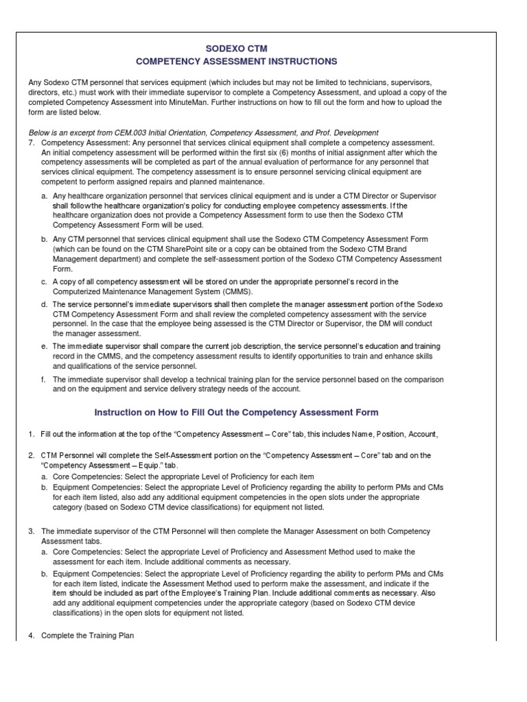 Sodexo CTM Competency Assessment Instructions and Form | PDF ...