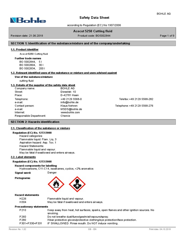 Acecut 5250 Cutting Fluid Safety Data | PDF | Dangerous Goods | Toxicity