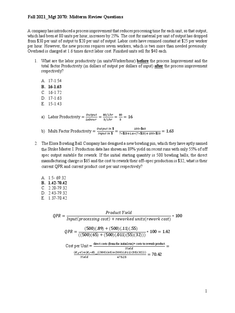 Fall 2021 - MGT 2070 - Midterm Exam Review Questions (SOLUTIONS) | PDF ...