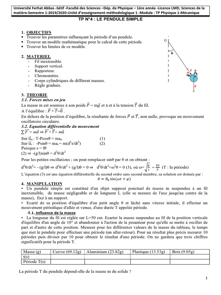 TP4 S1 SM Le Pendule Simple | PDF | Pendule (physique) | Physique