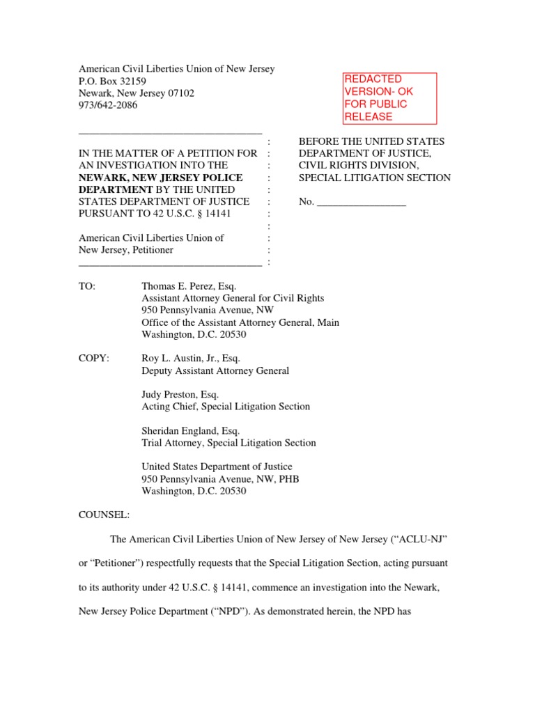 ACLU NJ Petition | PDF | Uniform Crime Reports | Complaint