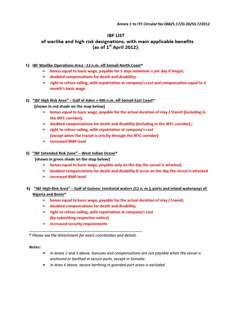 IBF High Risk Areas and Benefits Guide | PDF | Somalia | Piracy
