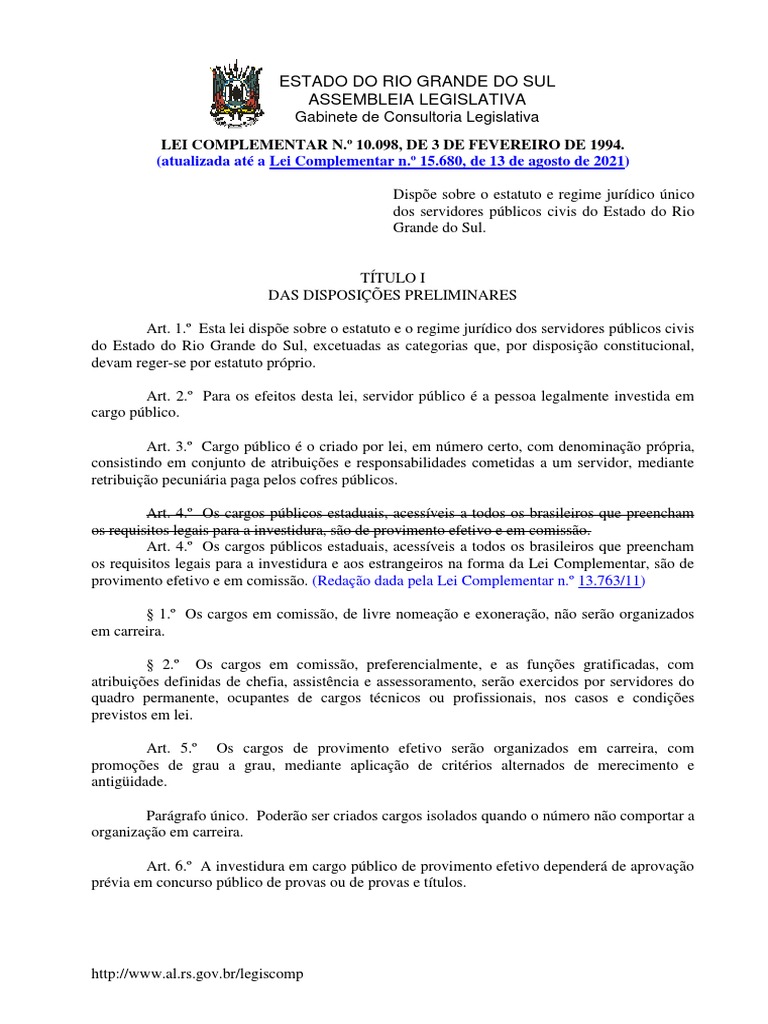 LEI COMPLEMENTAR N.º 10.098, DE 3 DE FEVEREIRO DE 1994 - Estatuto Dos Servidores Públicos | PDF ...