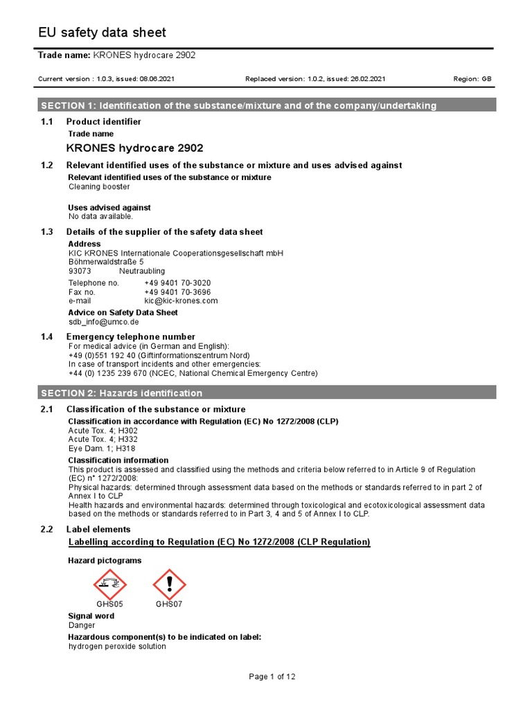 EU Safety Data Sheet: KRONES Hydrocare 2902 | PDF | Dangerous Goods ...