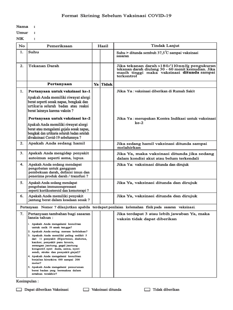 Format Skrining Sebelum Vaksin | PDF