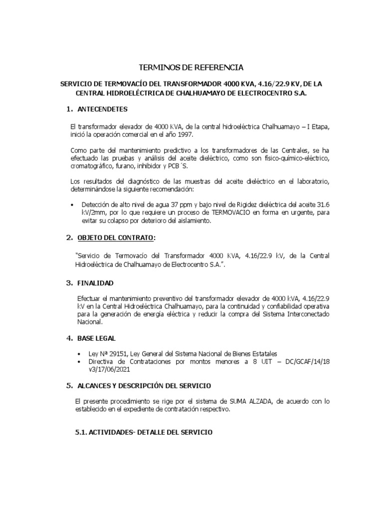 TDR - Serv. Termovacio Trafo CH Chalhuamayo v3 | PDF | Transformador | Agua