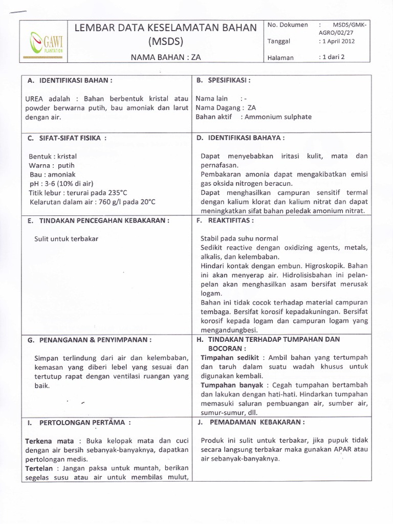 MSDS Pupuk ZA dan Bahaya Kesehatan | PDF