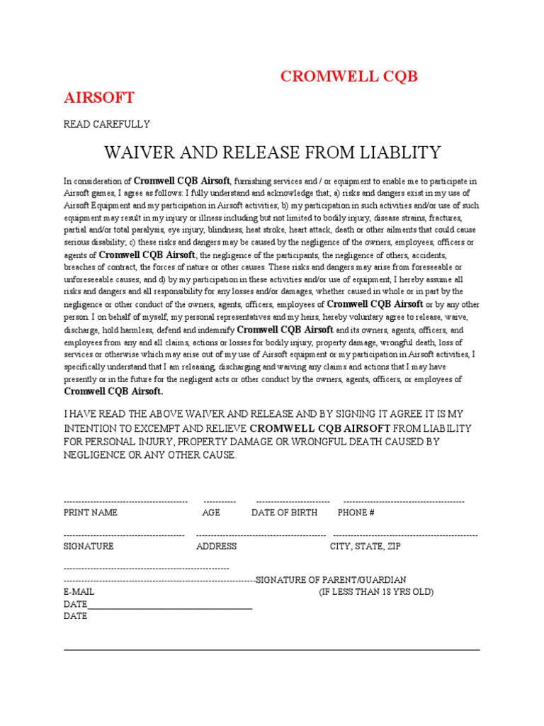 Waiver and Release Form | PDF | Legal Liability | Negligence