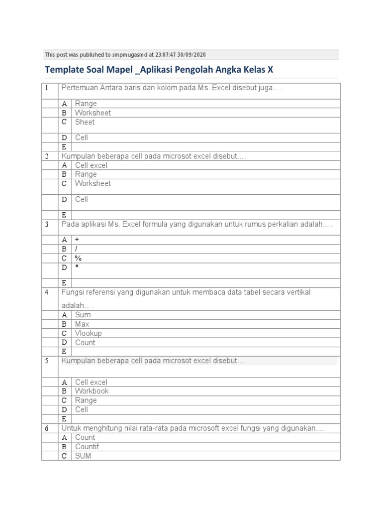 Template Soal CBT PAS Ganjil Aplikasi Pengolah Angka Kelas X | PDF