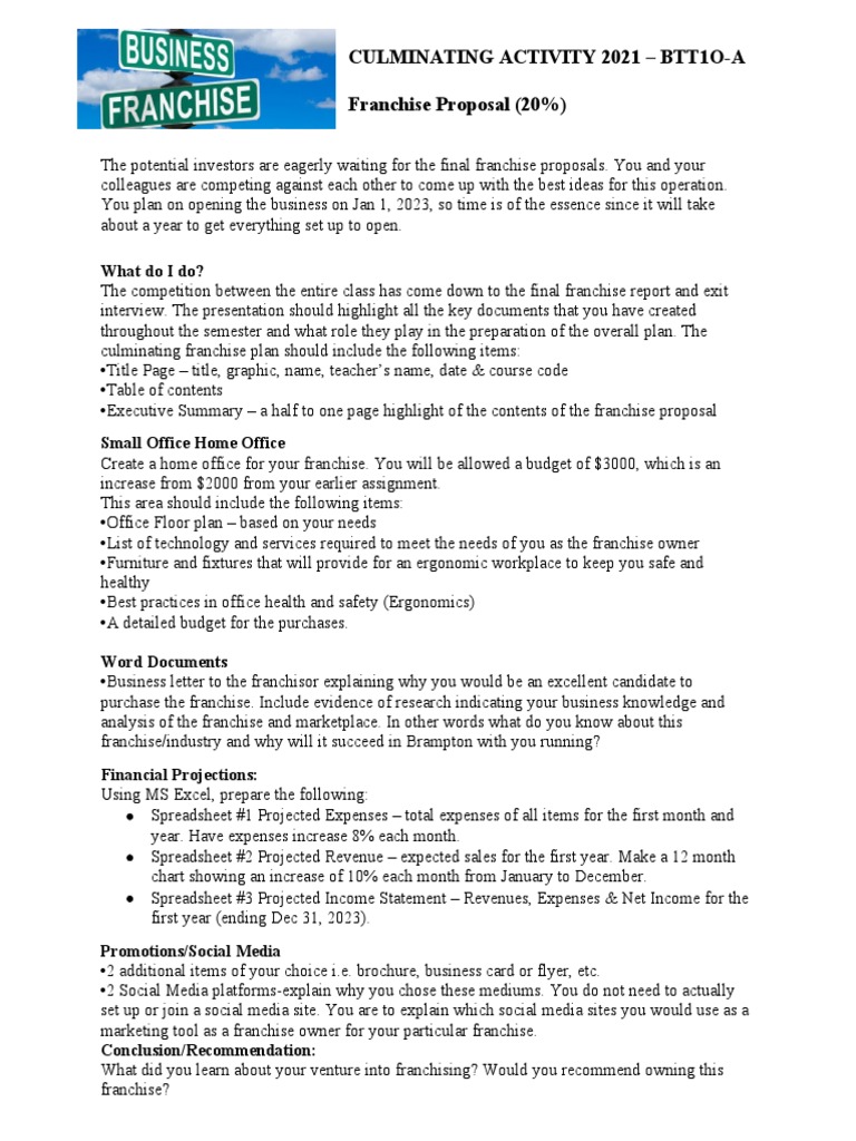 Culminating Activity 2021 - Btt1O-A Franchise Proposal (20%) | PDF ...