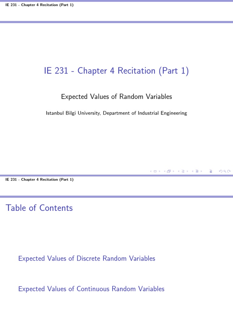 IE 231 - Chapter 4 Recitation (Part 1) : Expected Values of Random Variables | PDF | Expected ...