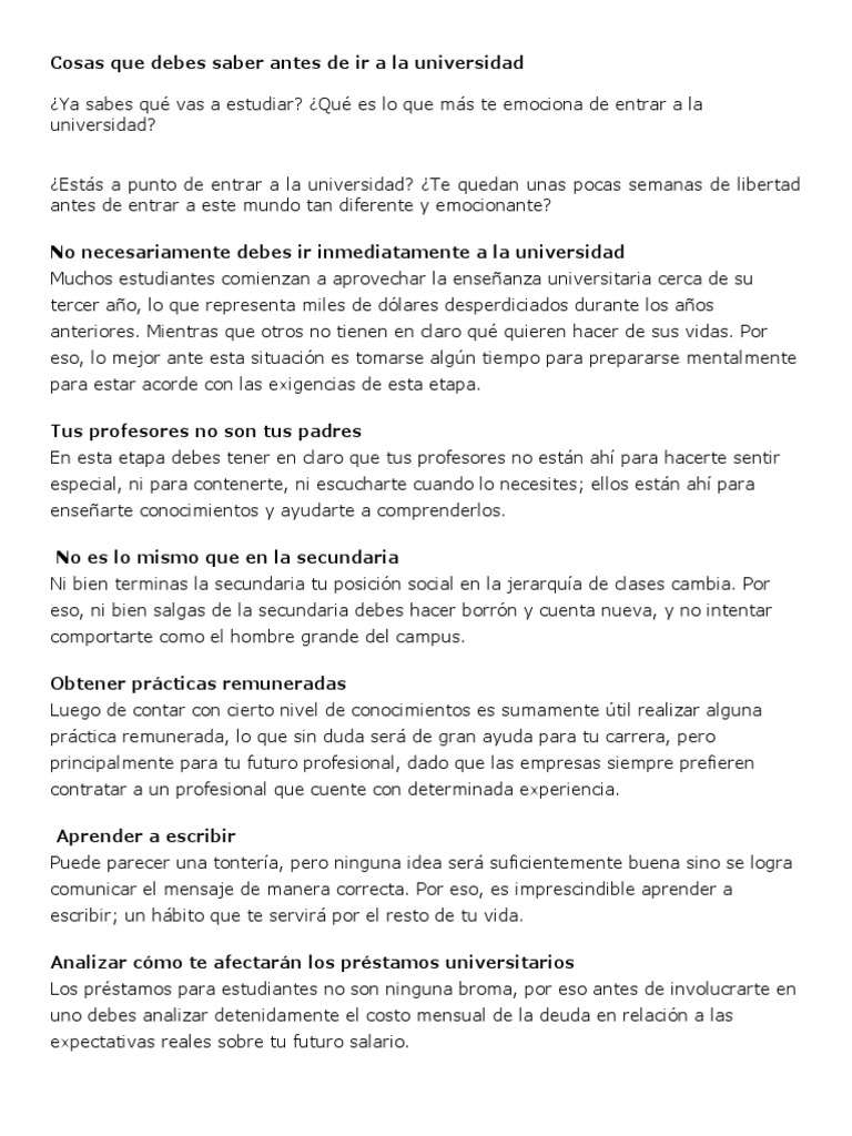 Cosas Que Debes Saber Antes de Ir A La Universidad | PDF | Relaciones ...