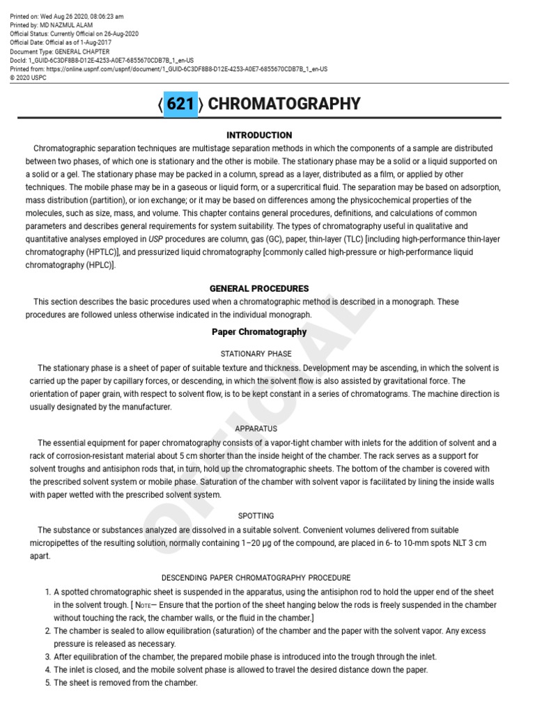 USP-NF 621 Chromatography | PDF | Chromatography | High Performance Liquid Chromatography