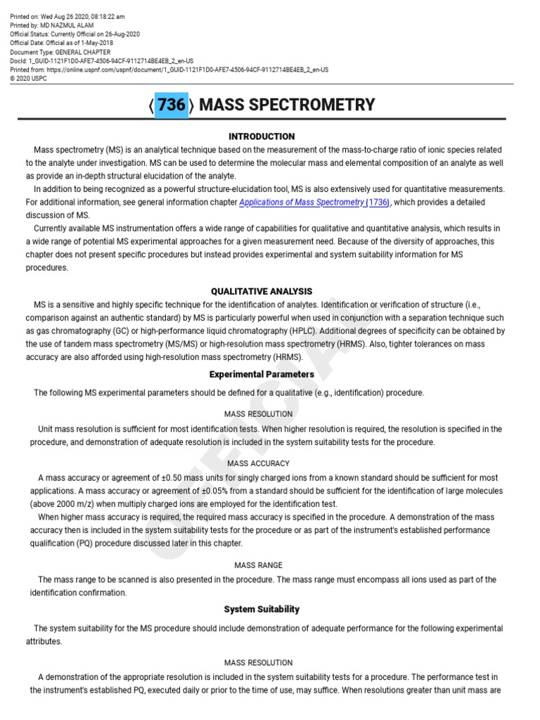 USP-NF 736 Mass Spectrometry | PDF | Mass Spectrometry | Verification ...