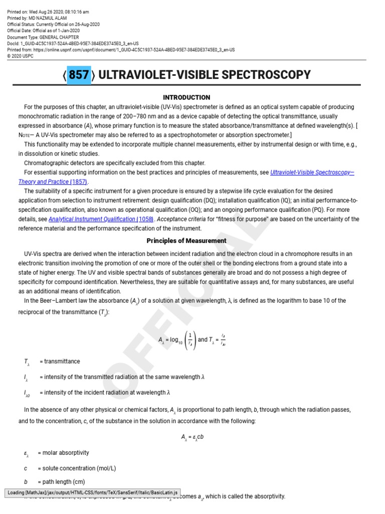 USP-NF 857 Ultraviolet-Visible Spectros | PDF | Ultraviolet–Visible ...