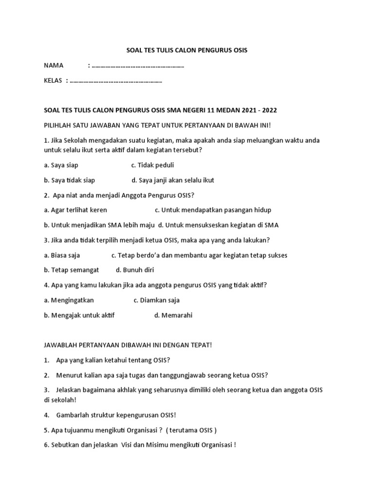 Soal Tes Tulis Calon Pengurus Osis | PDF Soal Tes Tulis Calon Pengurus Osis | PDF