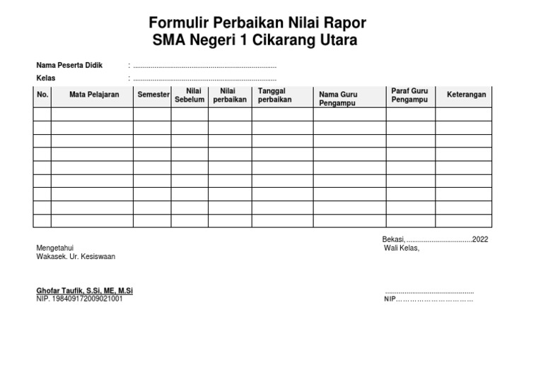 Formulir Perbaikan Nilai Rapor | PDF