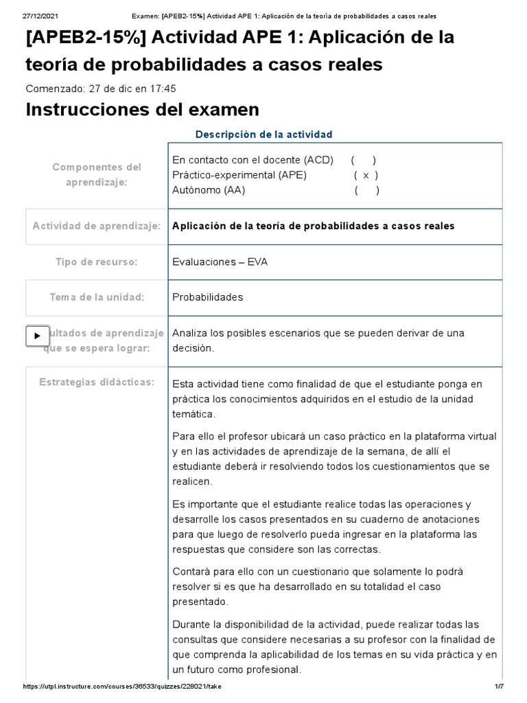 Examen - (APEB2-15%) de 10 Actividad APE 1 - Aplicación de La Teoría de Probabilidades A Casos ...