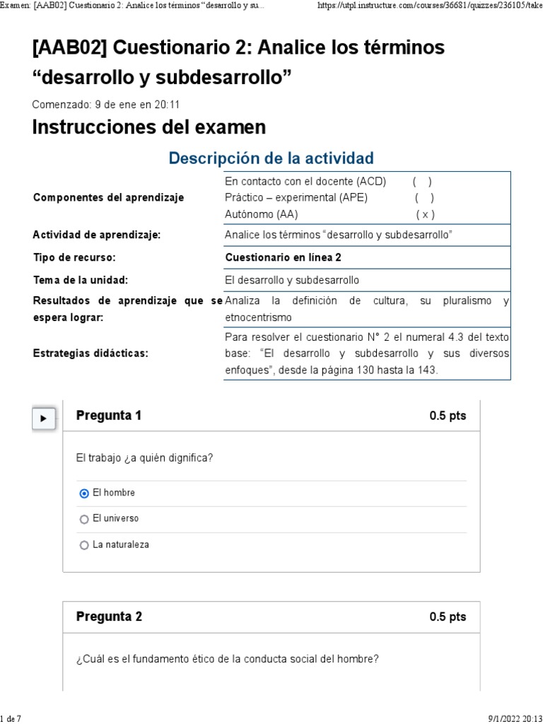 Examen (AAB02) Cuestionario 2 Analice Los Términos "Desarrollo y Subdesarrollo" | PDF | Economias
