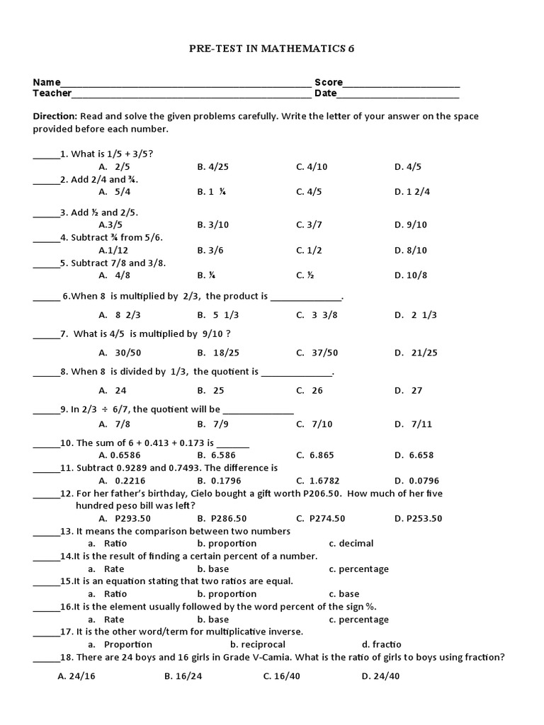 Diagnostic Test - Mathematics 6 | PDF | Volume | Triangle