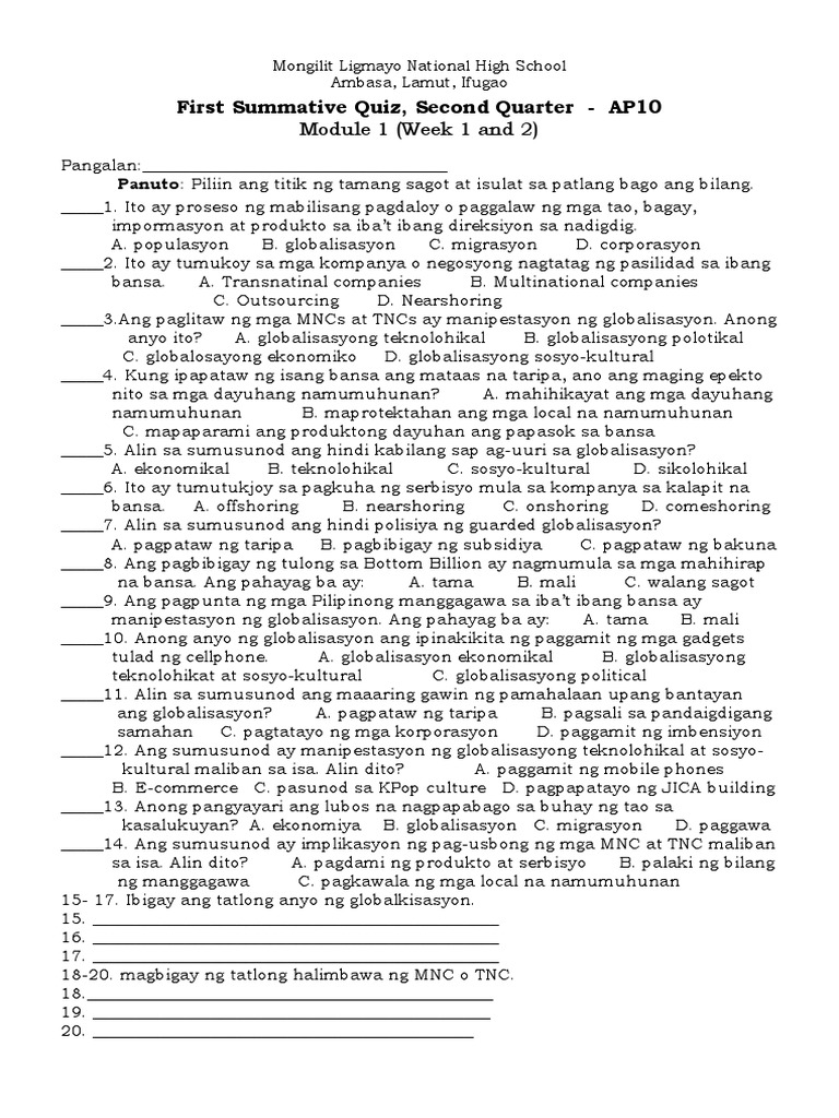 Quarter 2 M1 - Quiz AP 10 | PDF