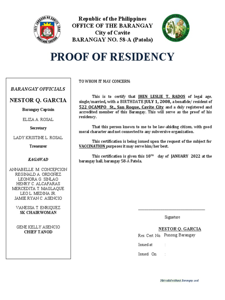 Barangay Certification Proof of Residency | PDF