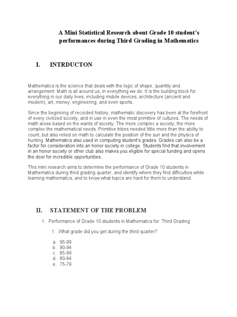 A Mini Statistical Research About Grade 10 Student's Performances ...