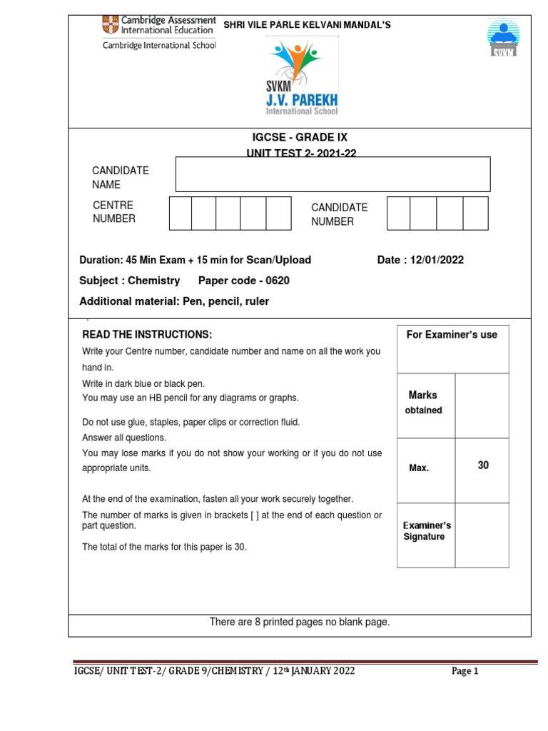 Igcse - Grade Ix UNIT TEST 2-2021-22: Candidate Name Centre Number ...