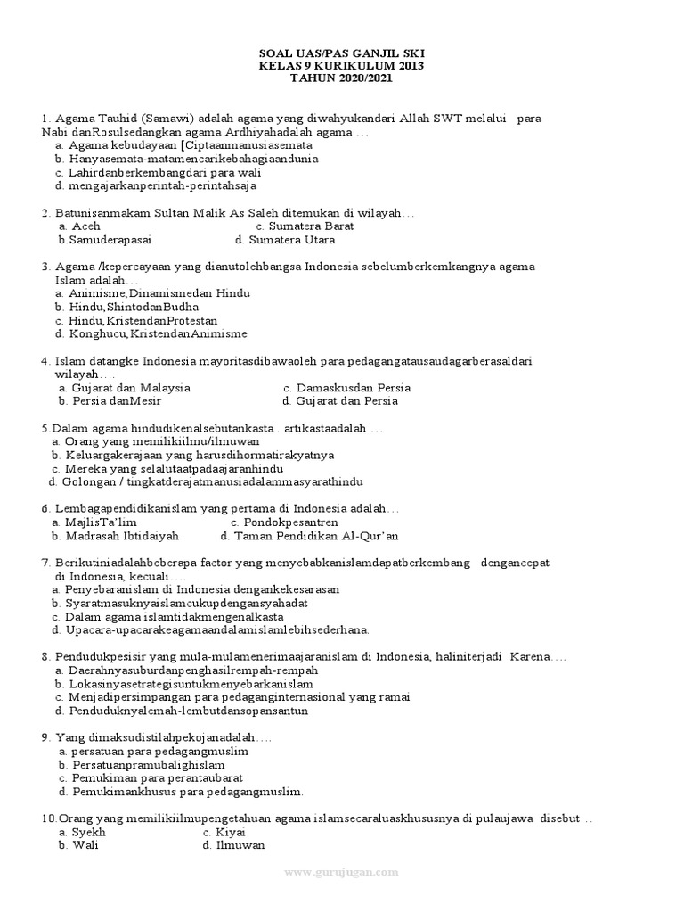 Soal Uas Ski Mts Kelas 9 Semester 1 | PDF