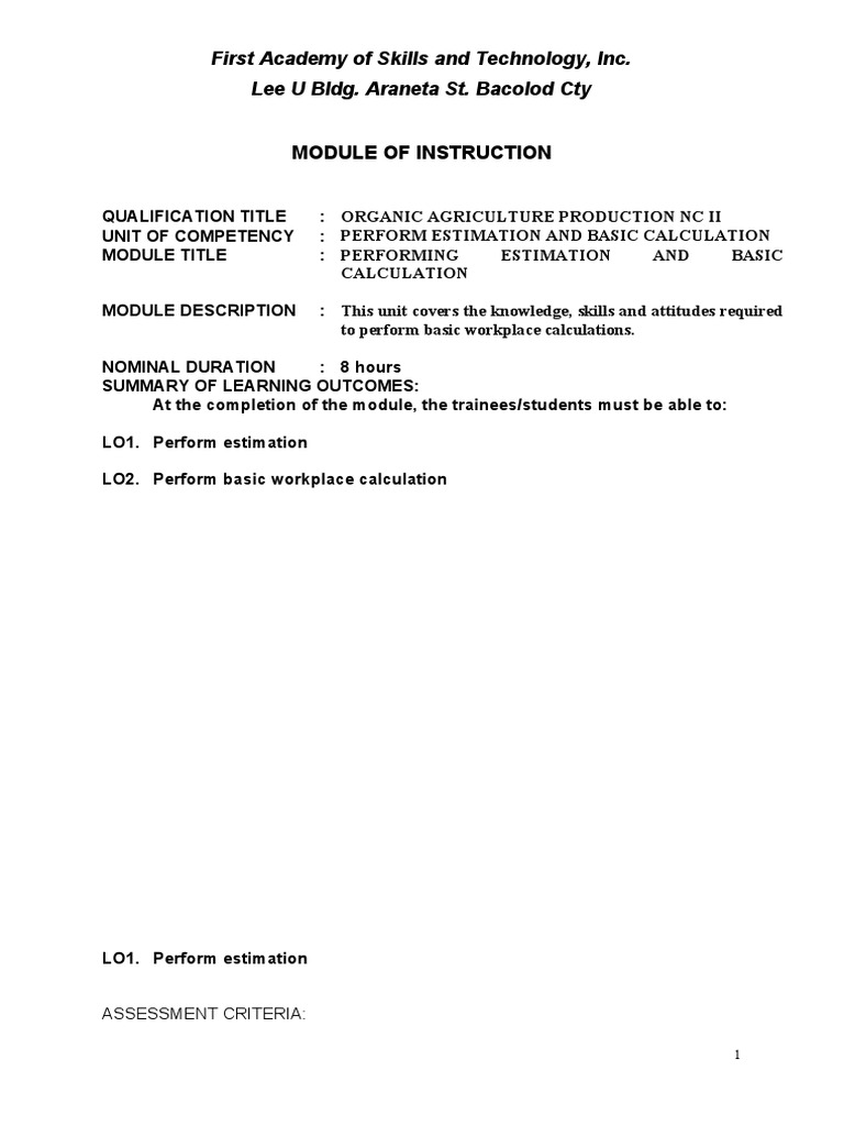 Module of Instruction PERFORM ESTIMATION AND BASIC CALCULATION ...