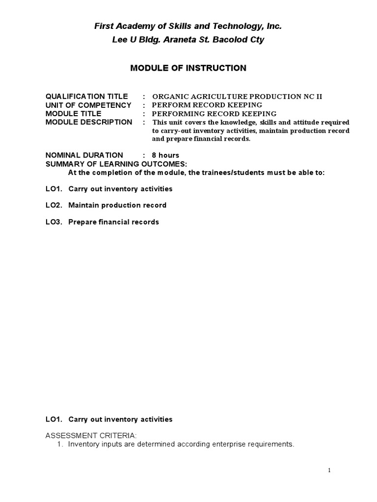 Module of Instruction PERFORM RECORD KEEPING | PDF | Educational ...