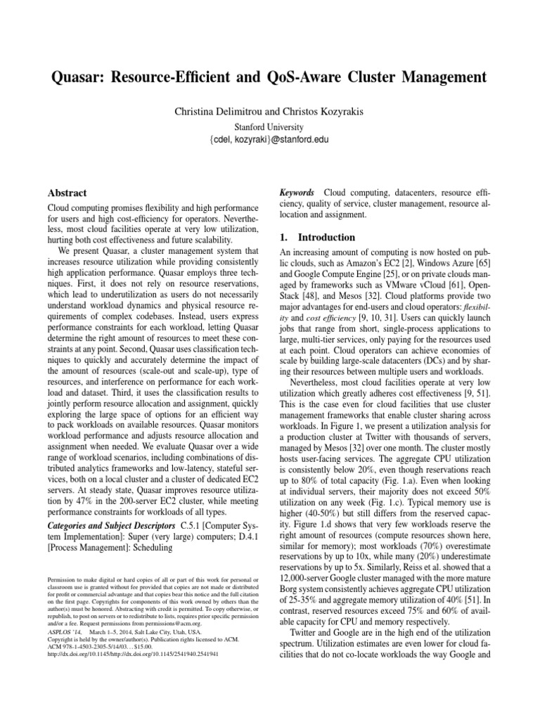 Quasar: Resource-Efficient and Qos-Aware Cluster Management: Christina Delimitrou and Christos ...