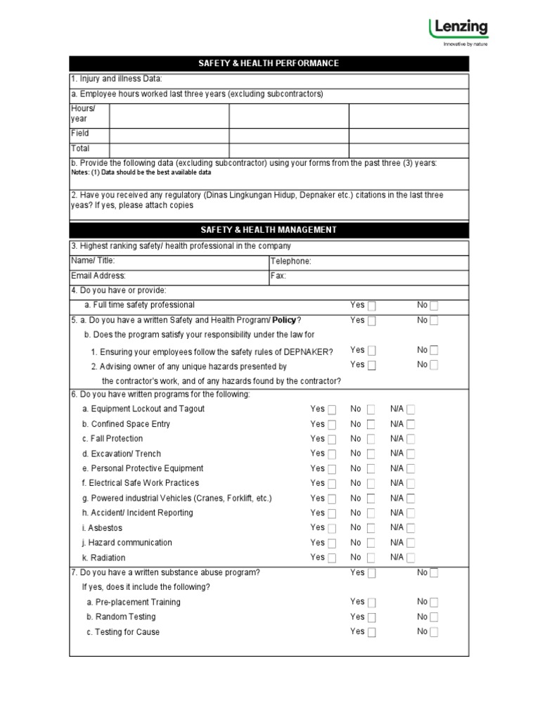 SPV Contractor Prequalification Questionnaire - Safety Aspect | Download Free PDF | Occupational ...