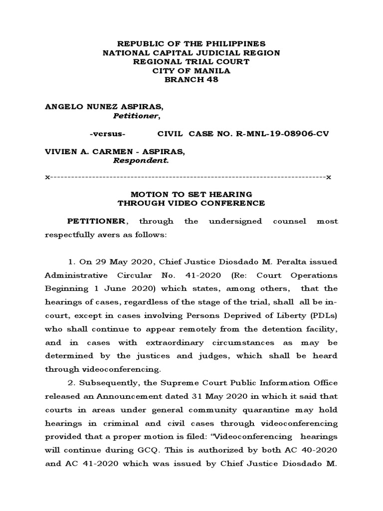 Motion To Set Hearing For Video Conference - Aspiras v. Aspiras | PDF ...