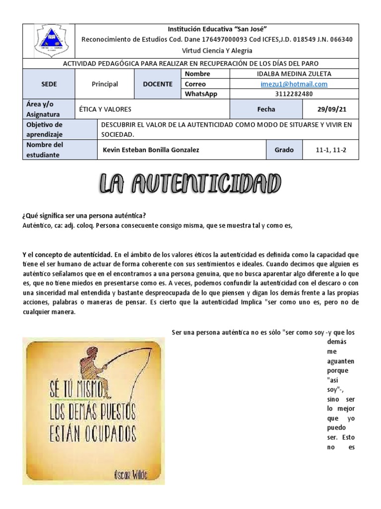Guia De Etica Y Valores Grados 11 1 Y 11 2 Pdf Autoestima