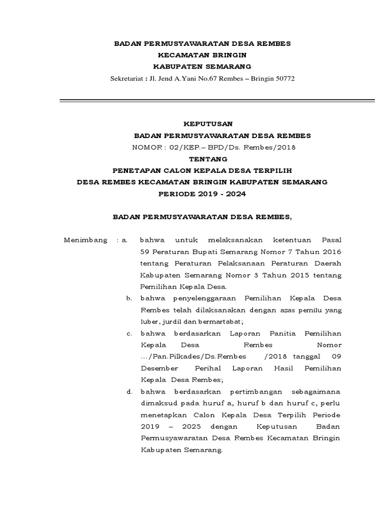 SK BPD Tentang Penetapan Calon Kepala Desa Terpilih | PDF