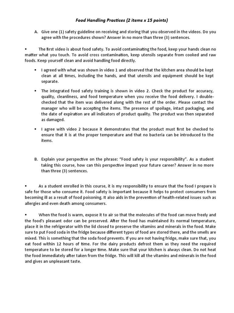 Food Handling Practices (2 Items X 15 Points) | Download Free PDF ...