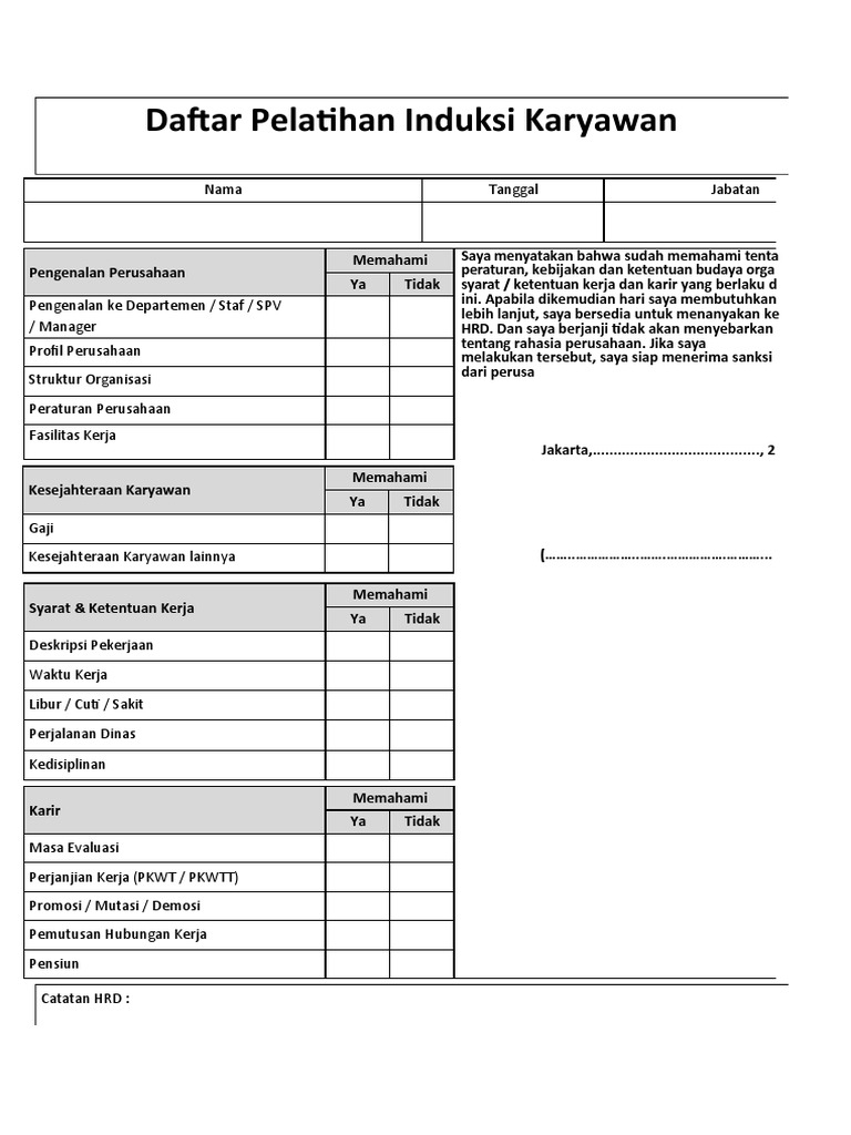 Contoh Formulir List Daftar Pelatihan Induksi Karyawan | PDF