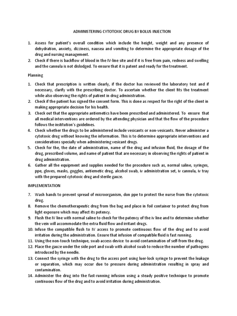 Administering Cytotoxic Drug by Bolus Injection | PDF | Intravenous ...