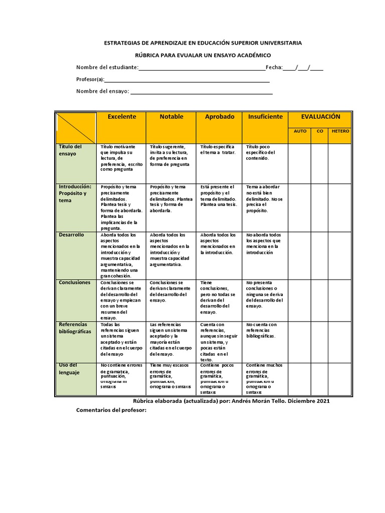 Rúbrica para Evaluar Ensayos Académicos | PDF | Ensayos | Comunicación ...