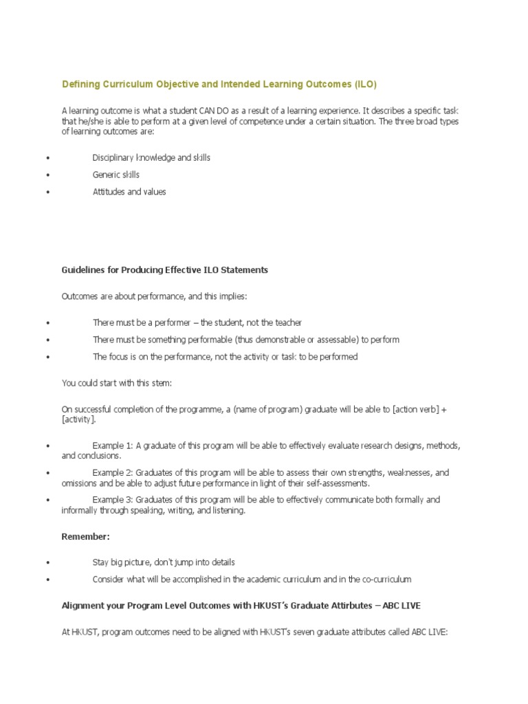 Defining Curriculum Objective and Intended Learning Outcomes | PDF ...