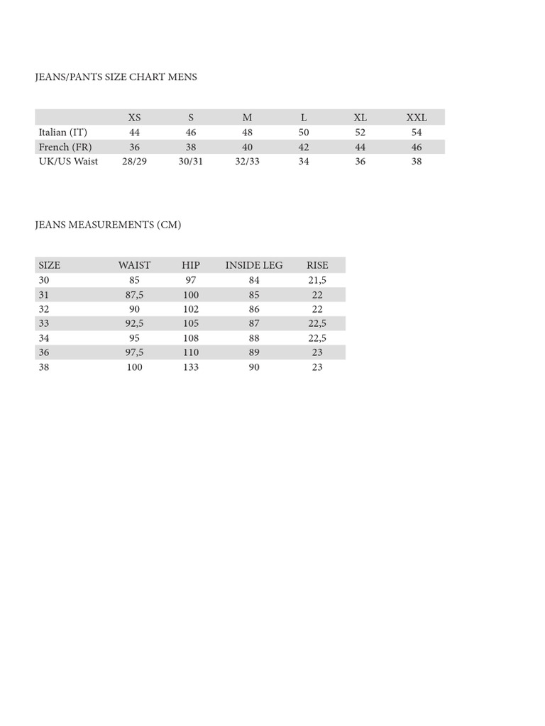 Jeans Size Conversion Mens | PDF