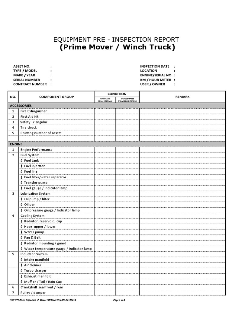 INSPECTION REPORT EQUIPMENT P Mover W Truck 1 Rev.3 | PDF | Steering ...