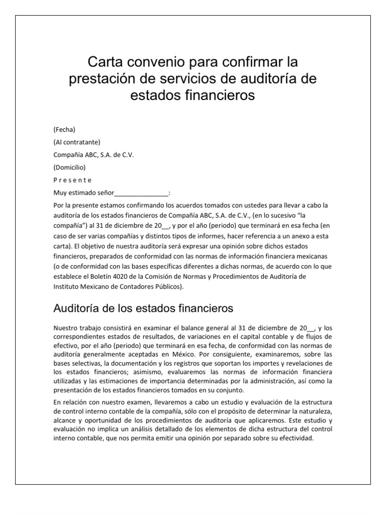 CARTA_CONVENIO_BOLETIN_3110 | Auditoría | Estado financiero